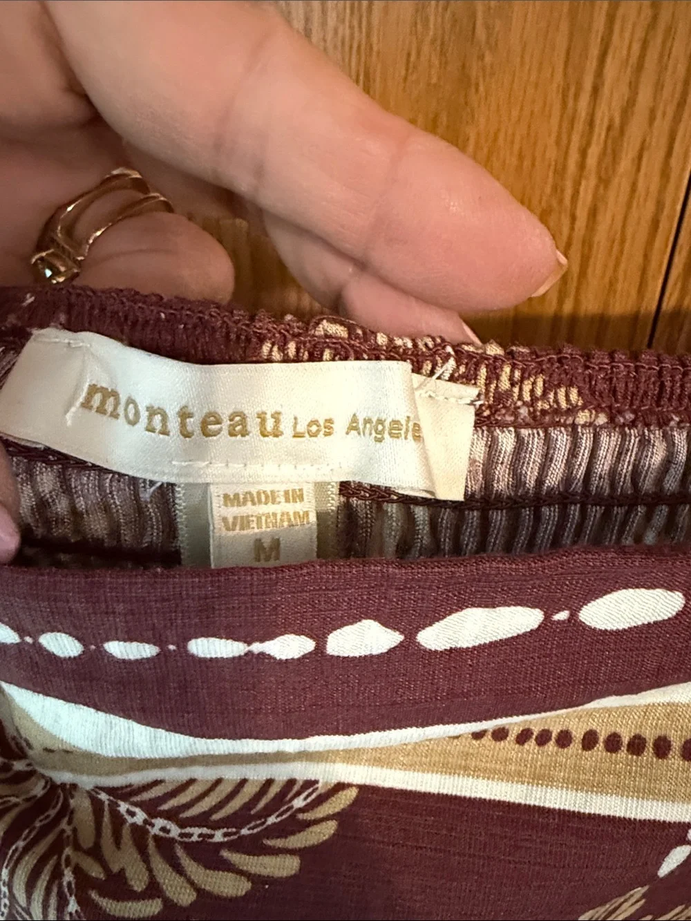 Monteau | Dresses | Monteau Burgundy And Cream Strapless Palmprint ...